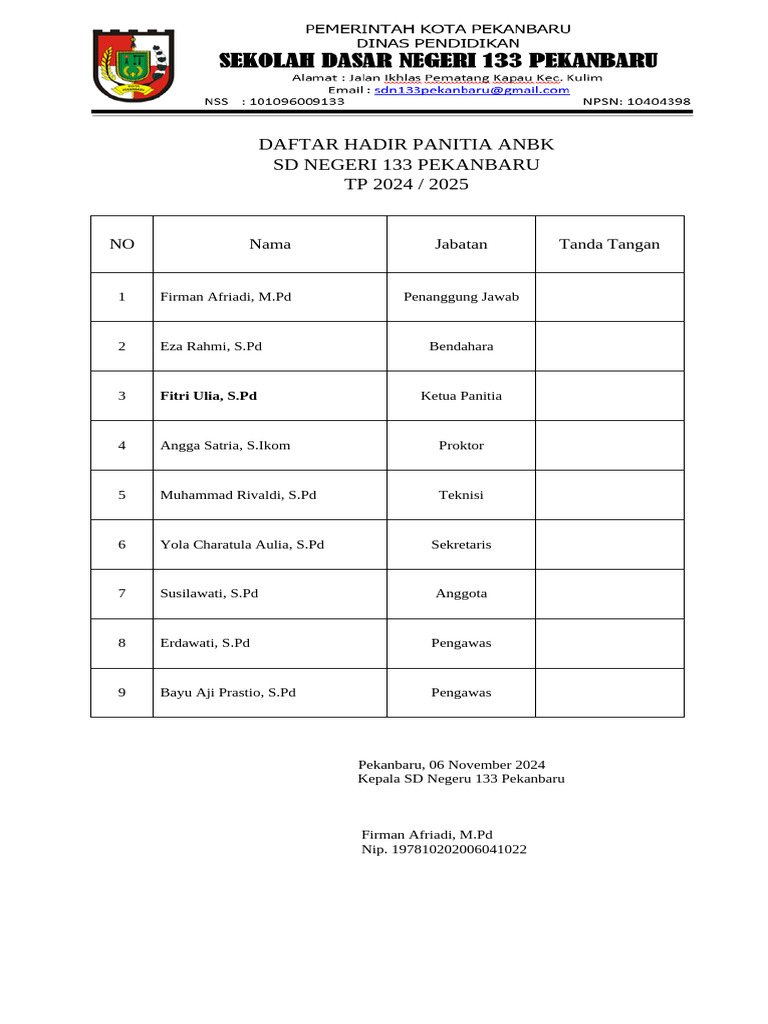 Daftar Hadir Panitia Anbk | PDF