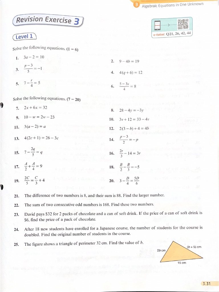 Algebraic Equations in One Unknown Revision Exercise | PDF