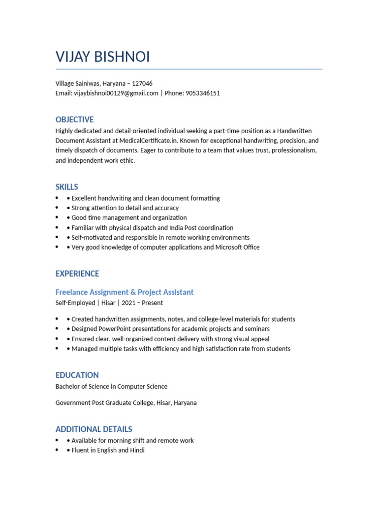 Handwritten Document Assistant Resume | PDF