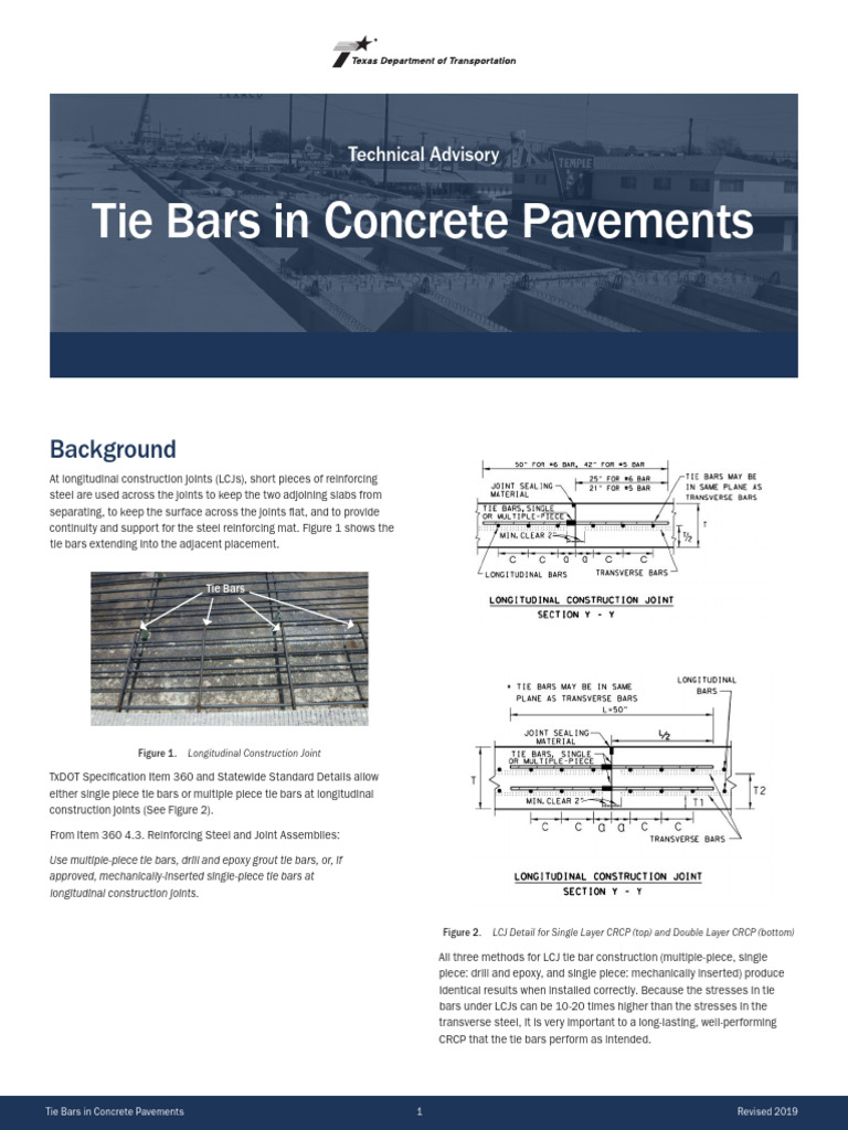 Tie Bar Techniques in Concrete Pavements | PDF | Concrete | Road Surface