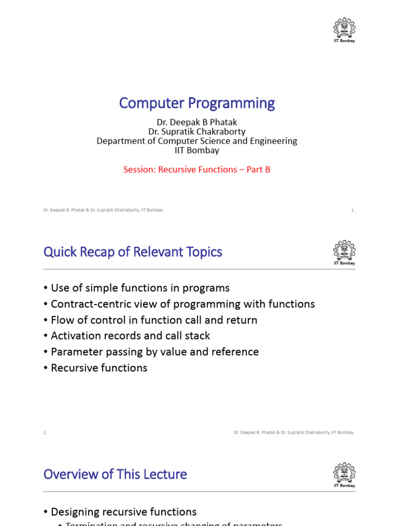 CS101x S422B Recursive Functions IIT Bombay | PDF | Integer (Computer Science) | Parameter ...