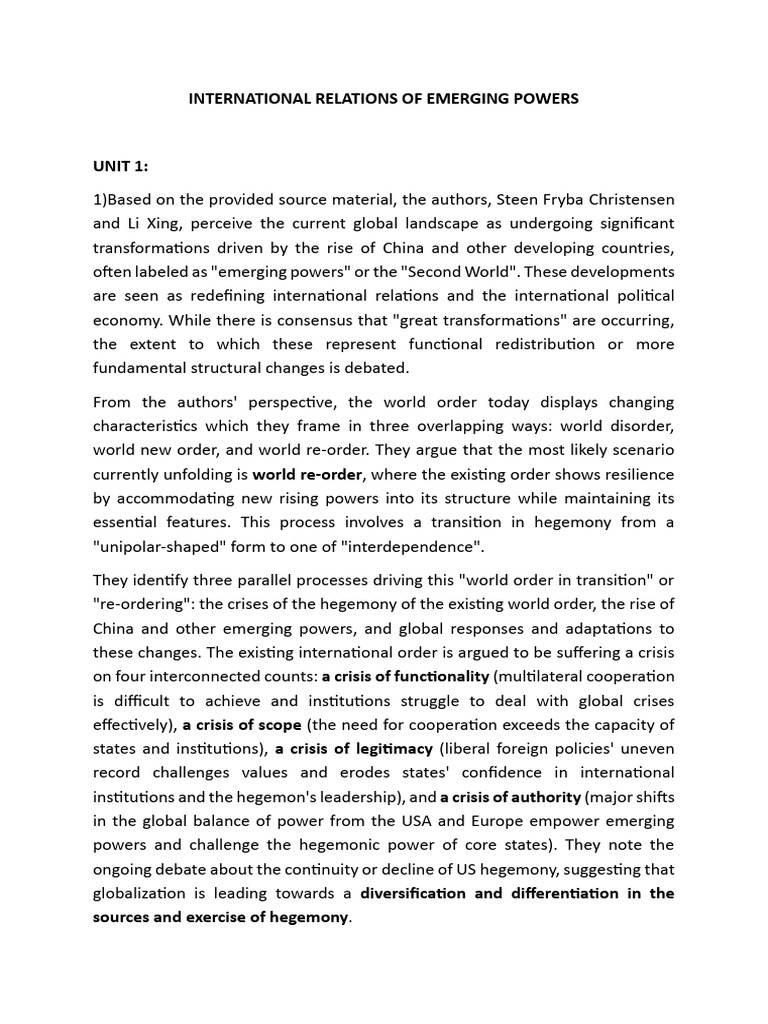 INTERNATIONAL RELATIONS OF EMERGING POWERS NOTES | PDF | Thabo Mbeki ...