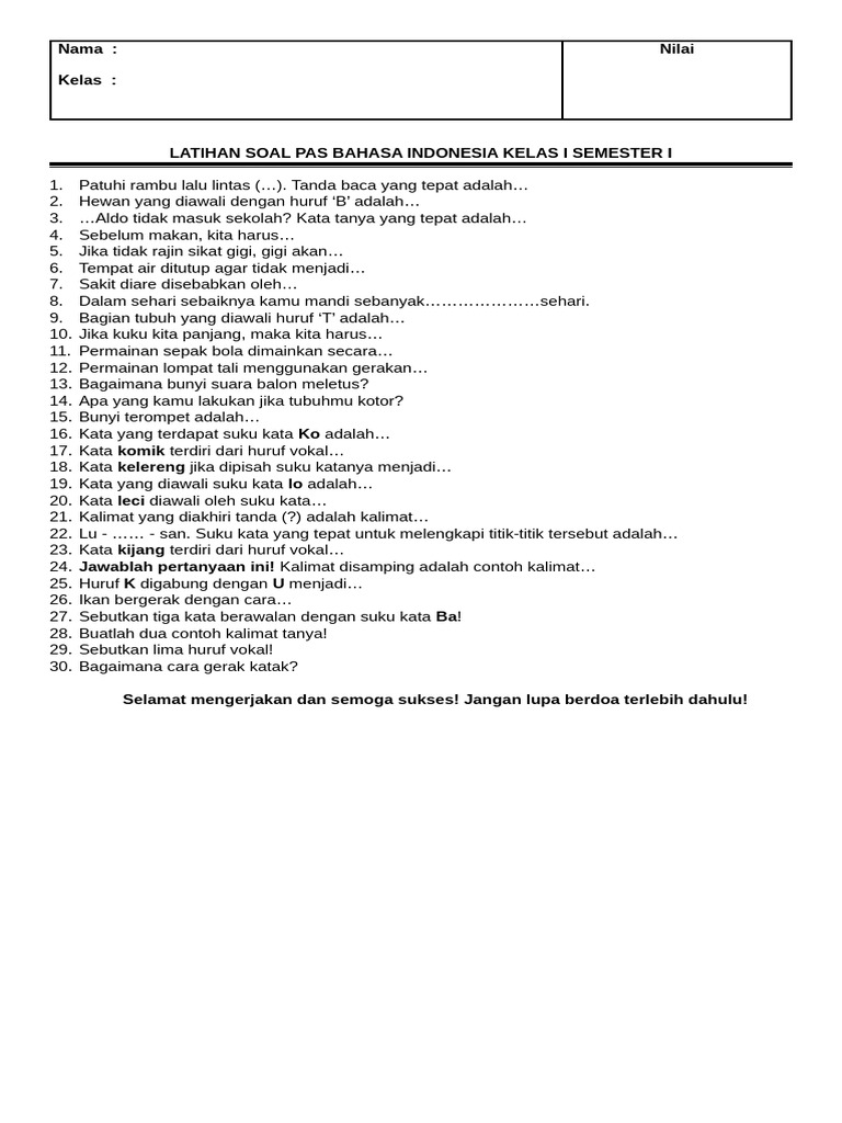 Latihan Soal Uas Bahasa Indonesia Kelas 1 | PDF