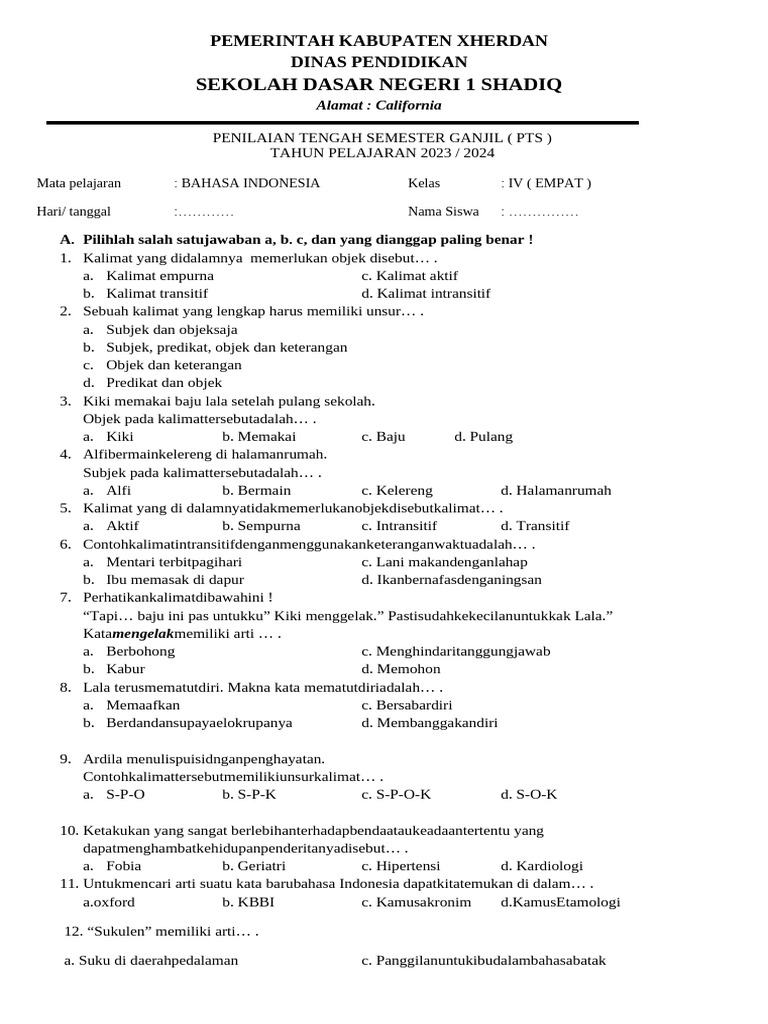 Soal Pts Bahasa Indo Kelas 4 Km | PDF