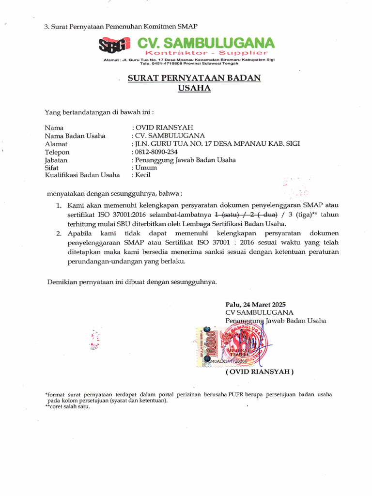 Surat Pernyataan SMAP Dan KTA Sambulugana | PDF