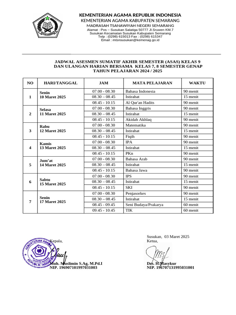 1. Jadwal ASAS 9 Dan UHB 7 8 Genap 24-25 | PDF