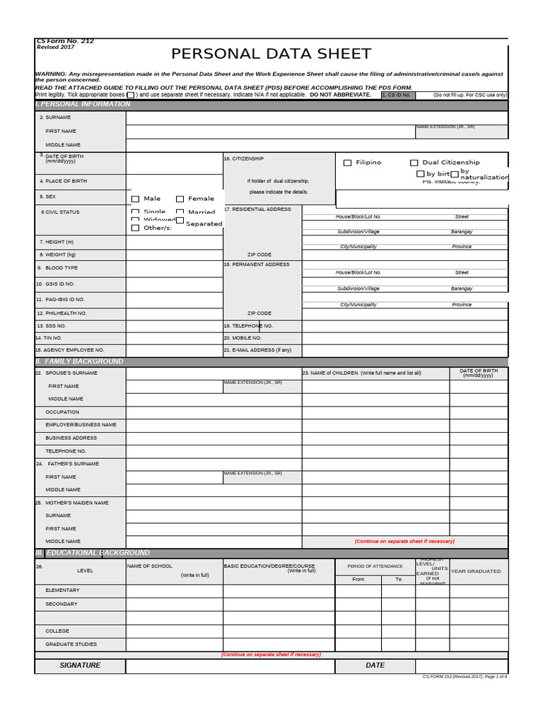 Personal Data Sheet CS Form No. 212 Revised 2017 | PDF | Passport ...