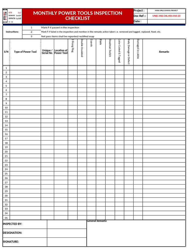 Power Tools Inspection Checklist - Rev.01 | PDF | Manufactured Goods ...