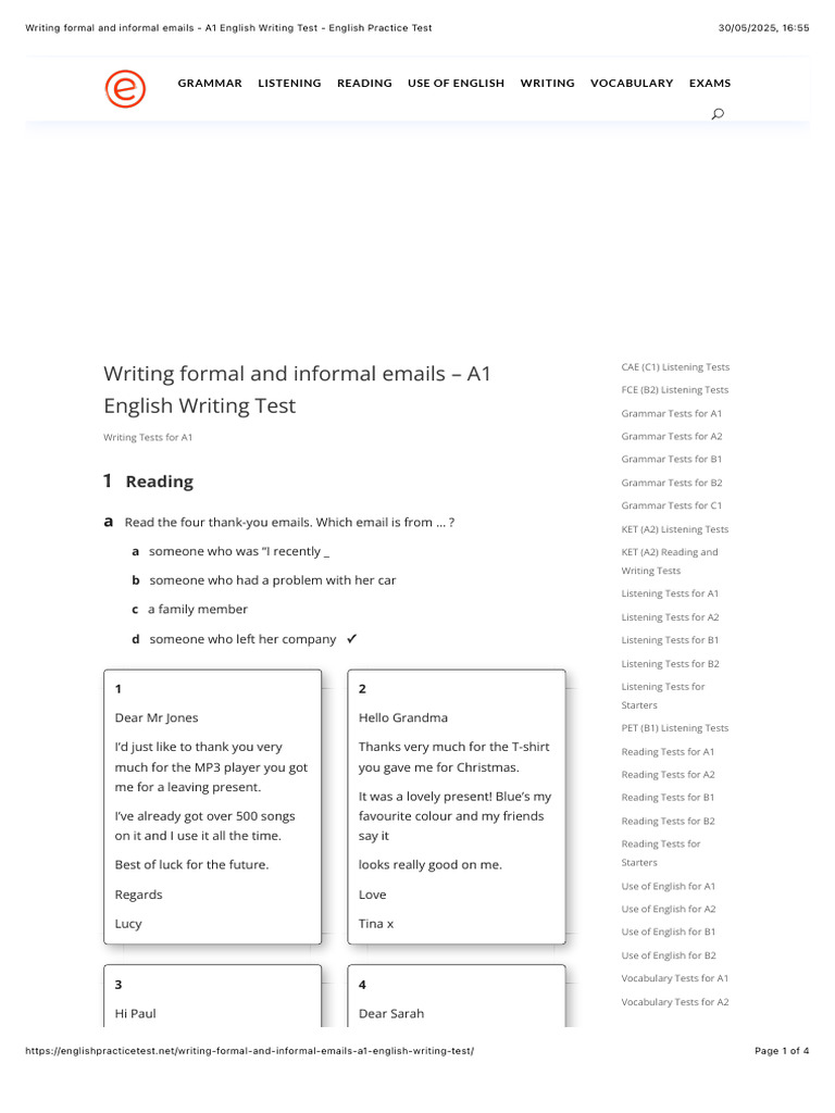 A1 Email Writing Practice Test | PDF