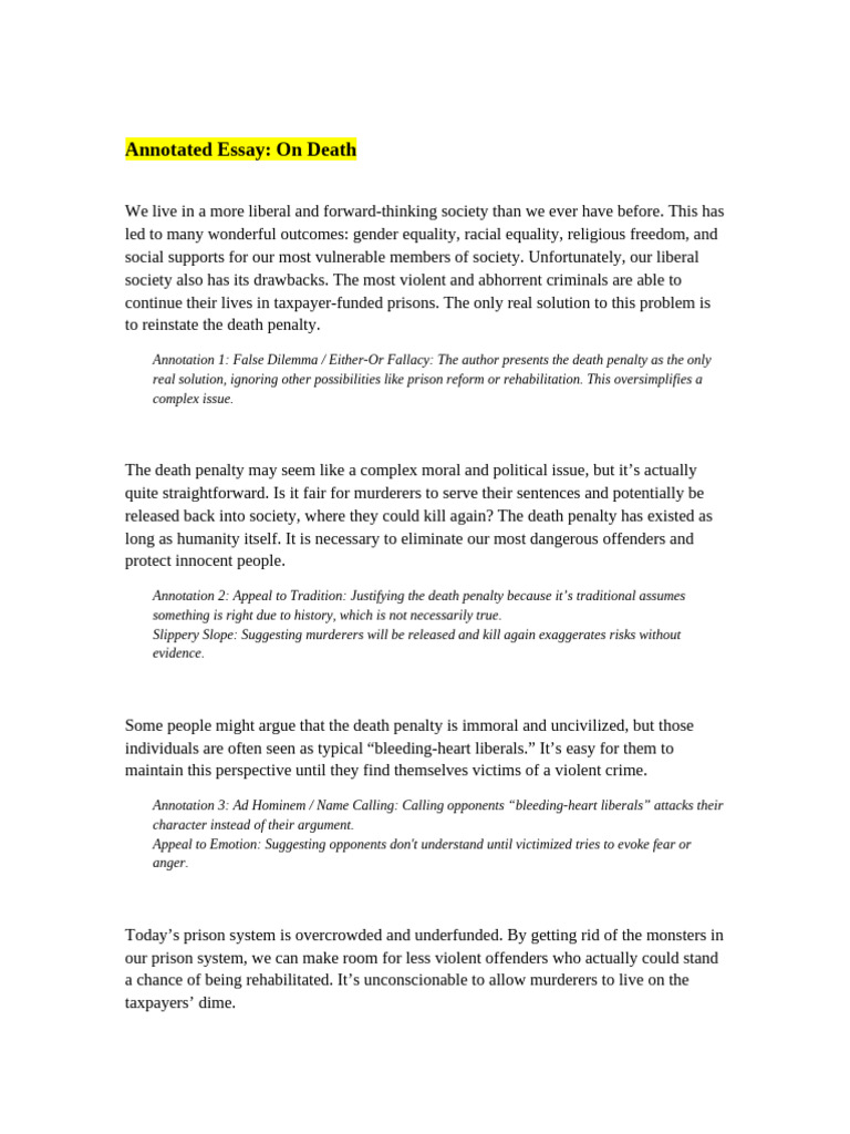 Annotated Essay On Death | PDF | Capital Punishment | Crimes