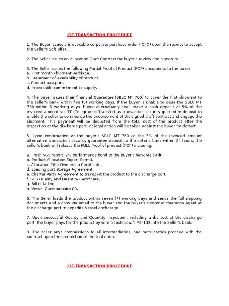 Cif Transaction Procedure | PDF | Letter Of Credit | Bill Of Lading