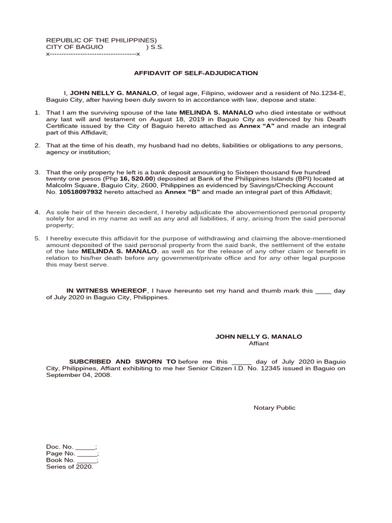 AFFIDAVIT of Self-Adjudication | PDF | Affidavit | Property Law
