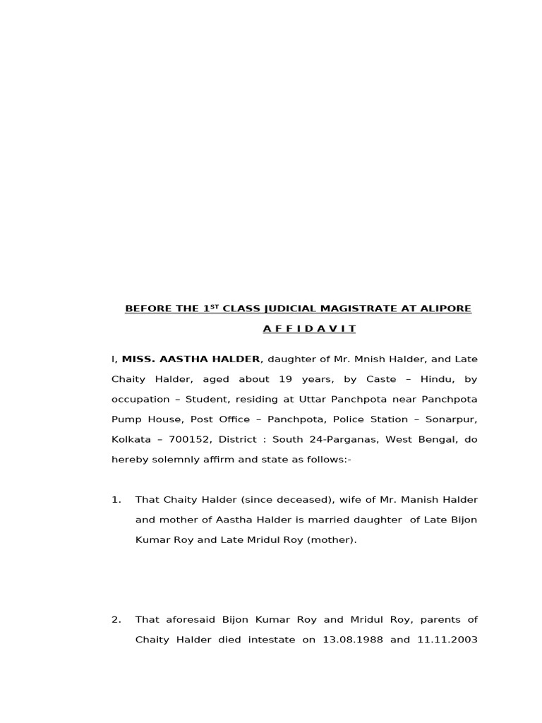 Aastha Halder - Affidavit - 1ST Class - 08.09.2022 | PDF | Private Law | Social Stratification