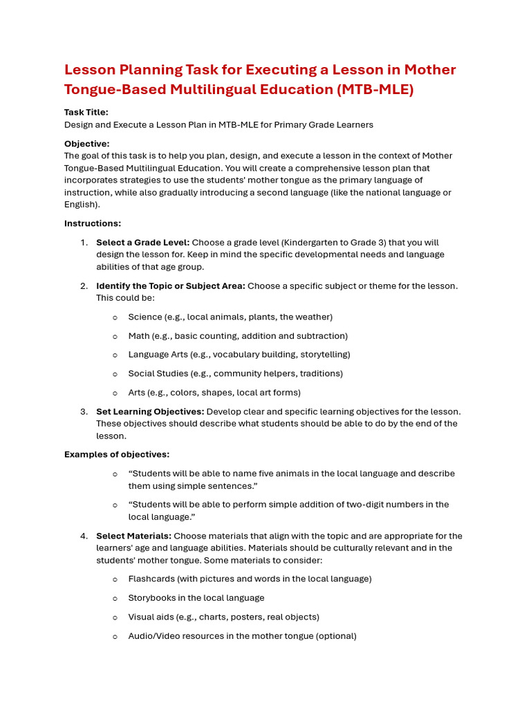 Lesson Planning Task For Executing A Lesson in Mother Tongue | PDF | Lesson Plan | Educational ...