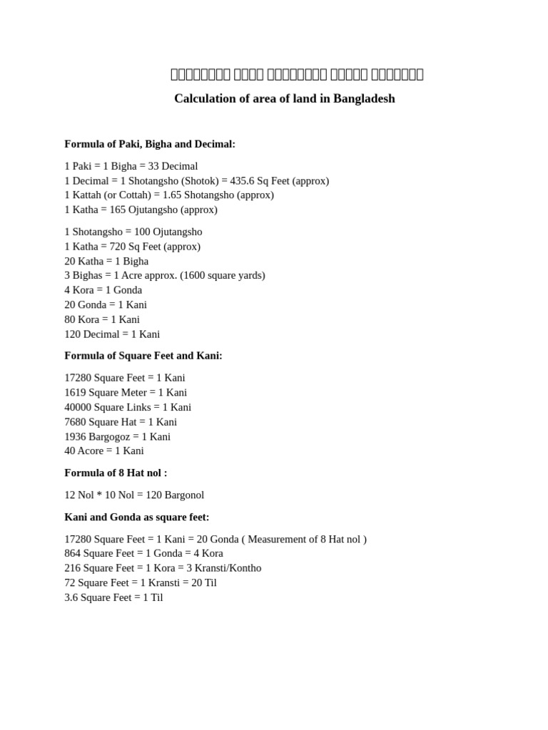 Calculation of Area of Land in Bangladesh: Formula of Paki, Bigha and ...