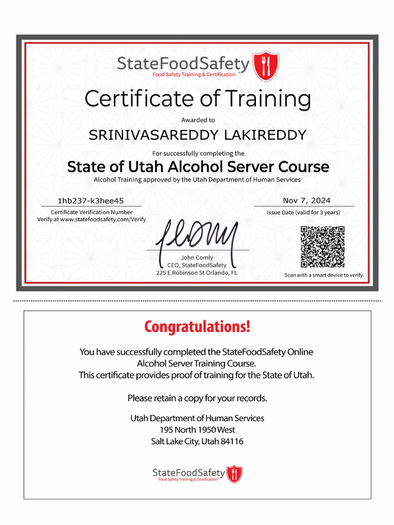 Utah Alcohol Server Training Certificate | PDF