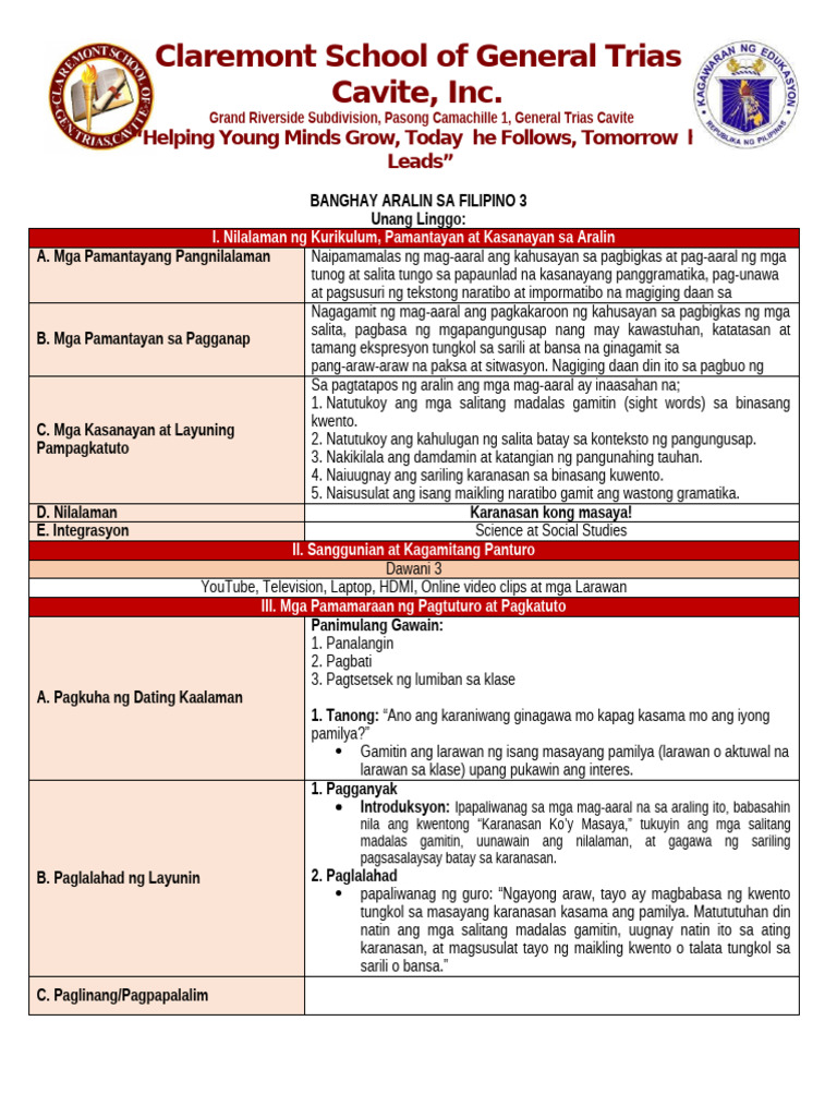 Filipino Lesson Plan Week 1 | PDF