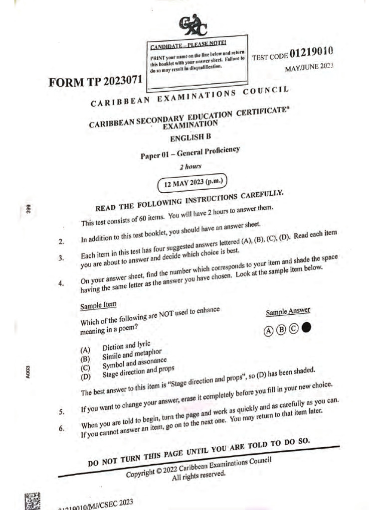 CSEC English B June 2023 P1 | PDF