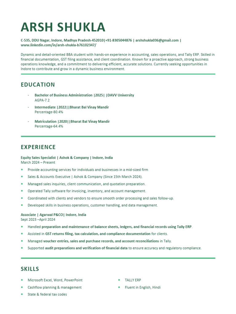 Resume Arsh Shukla BBA 2025 1 | PDF