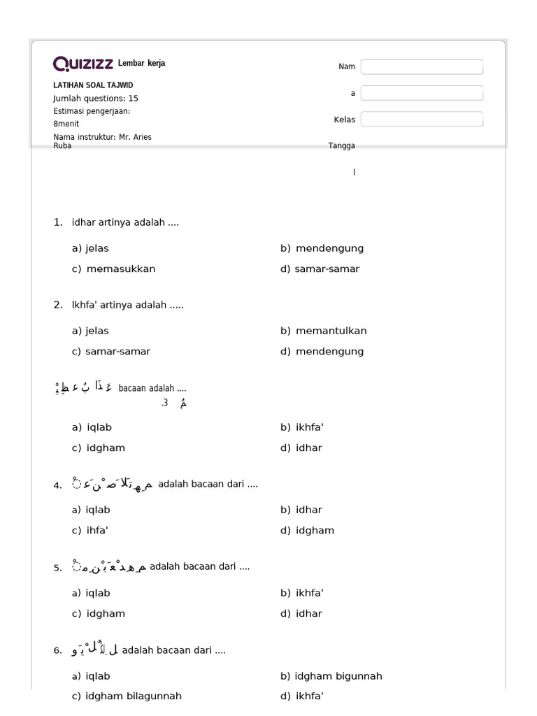 LATIHAN SOAL TAJWID - Quizizz | PDF