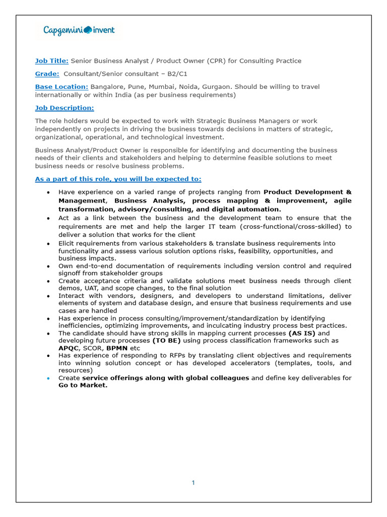 Capgemini Senior Business Analyst Role | PDF | Business Analysis | Business