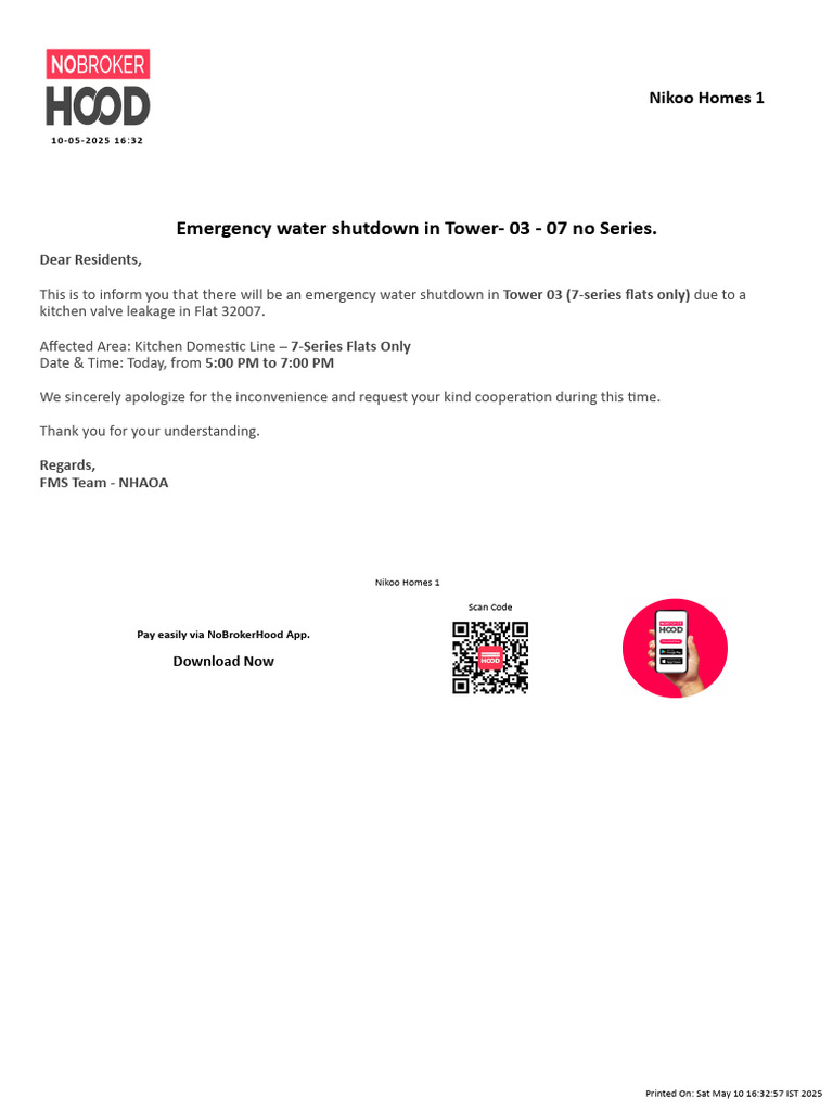 Notice - Emergency Water Shutdown in Tower - 03 - 07 No Series | PDF