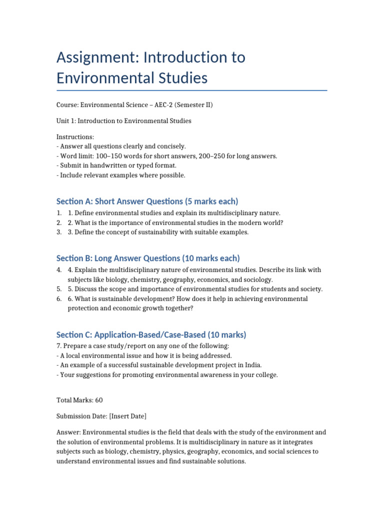 Assignment Unit1 Environmental Studies With Answers | PDF ...