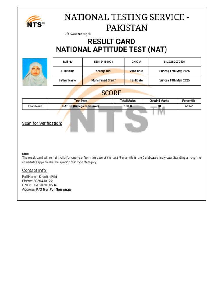 NTS - (NAT) Result Card | PDF