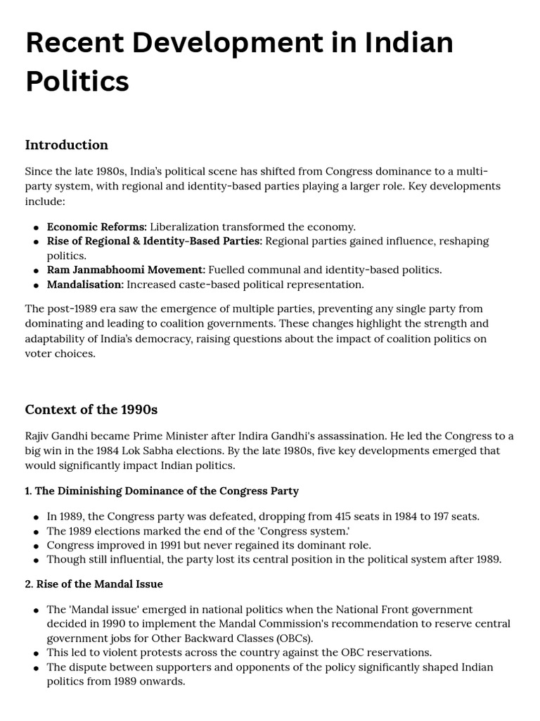 Recent Development in Indian Politics | PDF | Indian National Congress ...