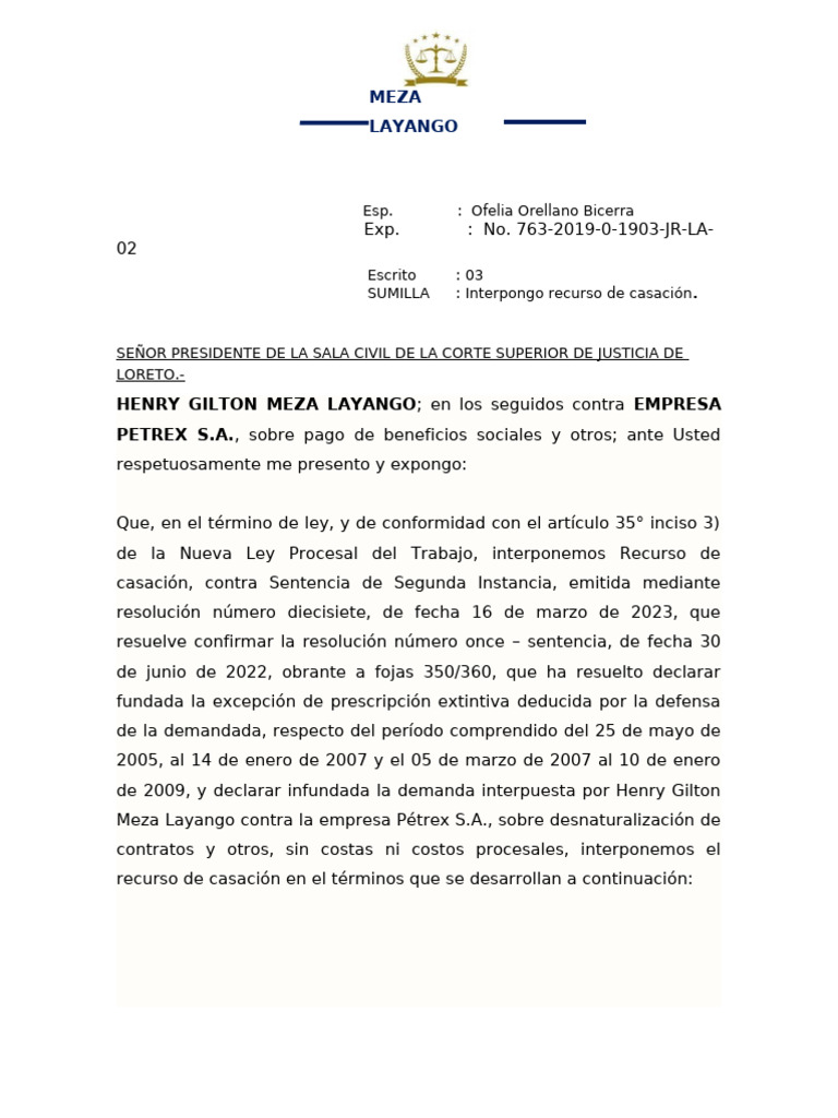 Recurso de Casación Henry Gilton Meza Layango | PDF | Derecho laboral ...