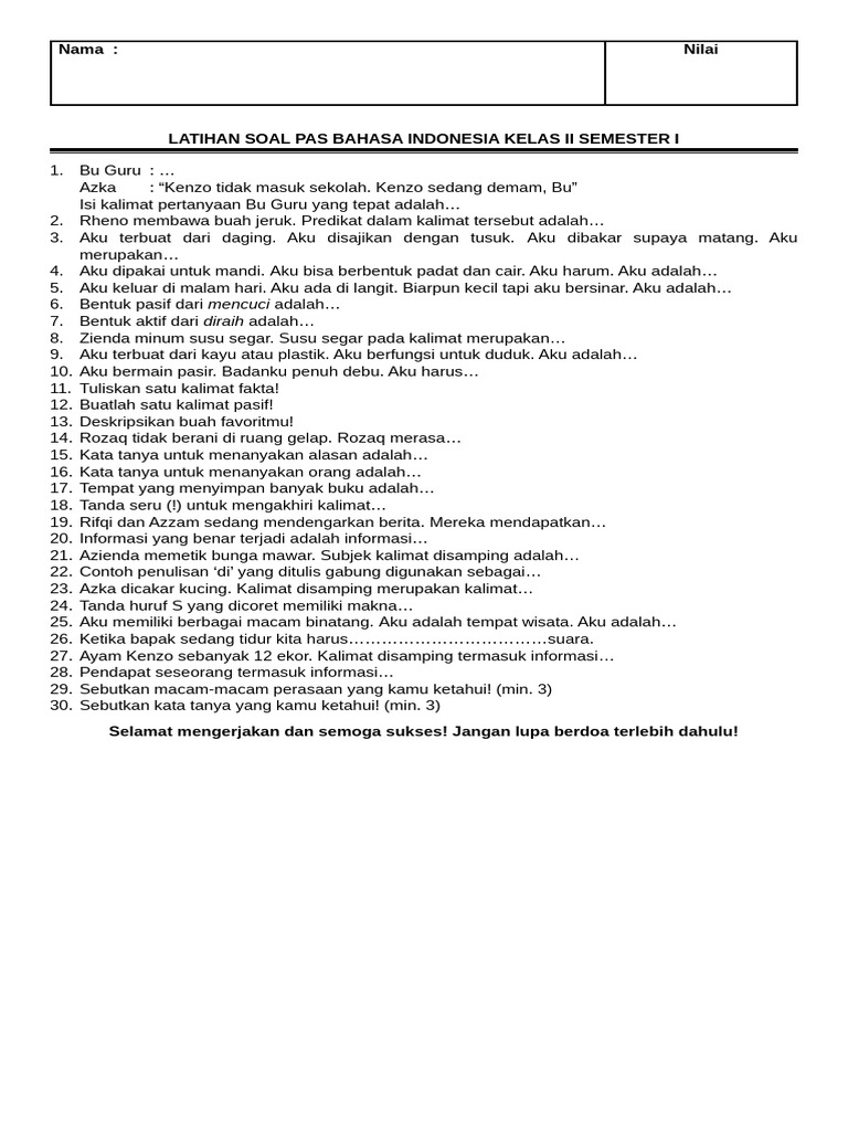 Latihan Soal Uas Bahasa Indonesia Kelas 2 | PDF