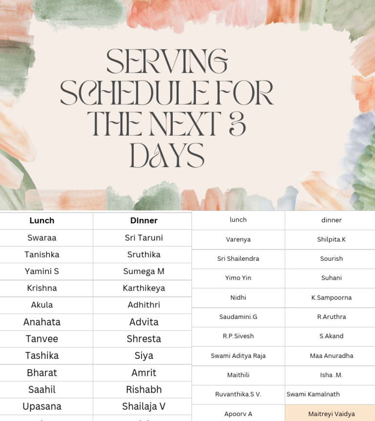 Serving Schedule For The Next 3 Days | PDF