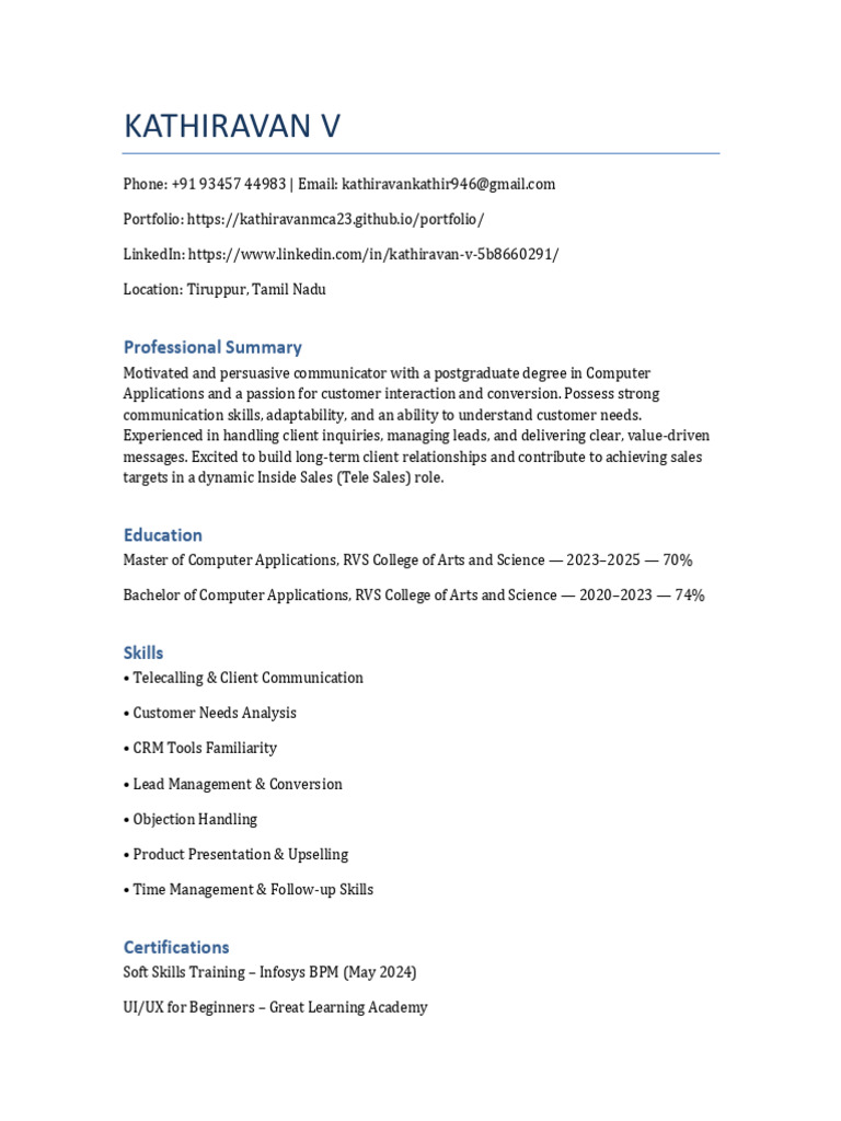 Kathiravan InsideSales Resume | PDF