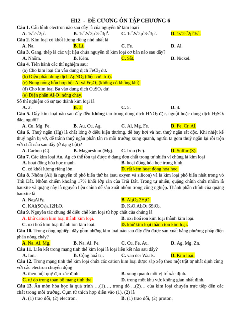 H12 - Đề Cương Ôn Tập Chương 6: Câu 1. A. B. C. D. Câu 2. A. B. C. D. Câu 3. A. B. C. D. Câu 4 | PDF
