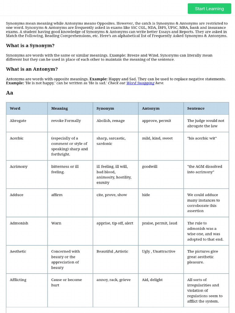 Synonyms and Antonyms List With Words | PDF