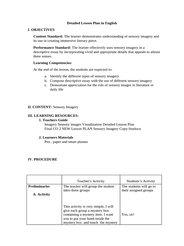 Detailed Lesson Plan in English (1) | PDF | Senses | Lesson Plan