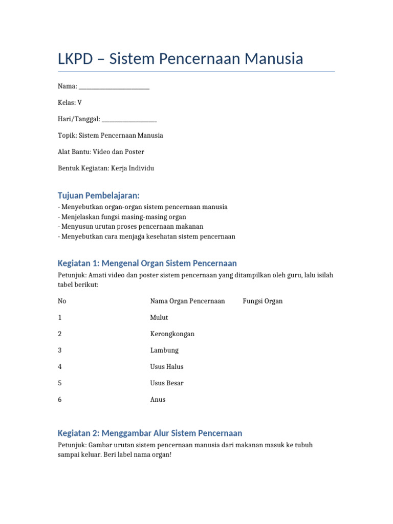 LKPD Sistem Pencernaan Kelas5 | PDF