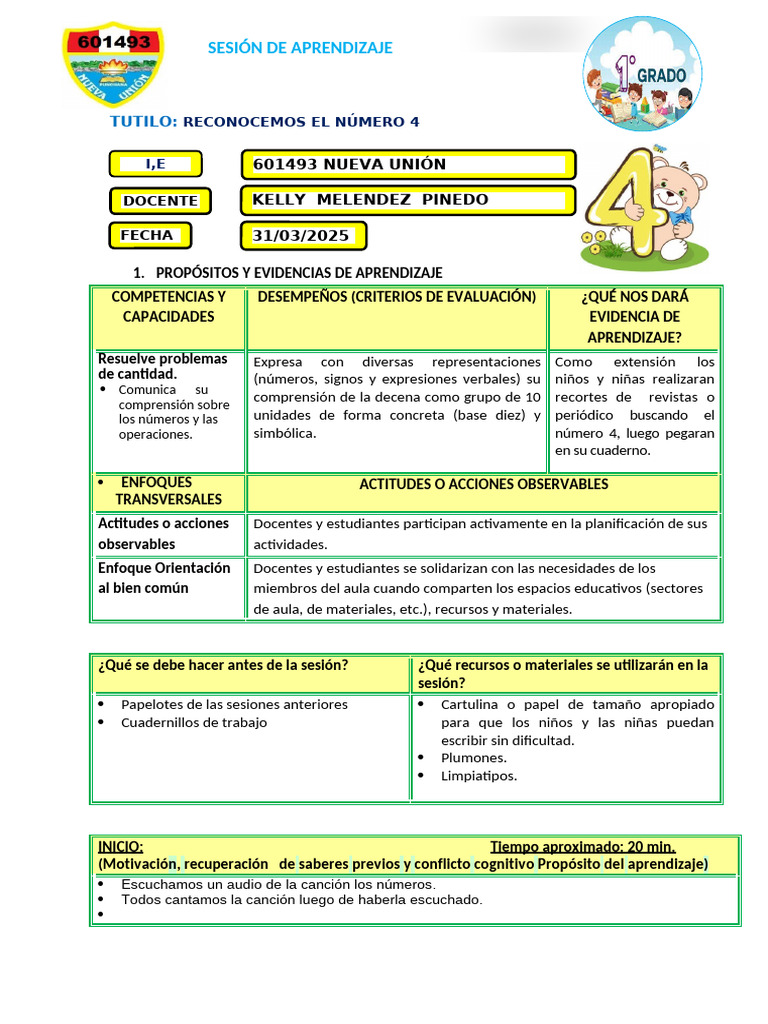 Sesión de Aprendizaje: Número 4 en Inicial | PDF | Enseñando | Aprendizaje