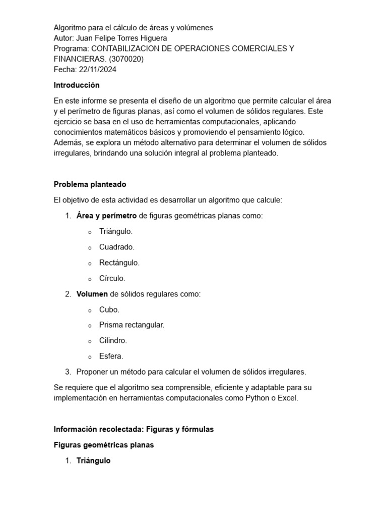 Algoritmo para El Cálculo de Áreas y Volúmenes | PDF | Algoritmos | Volumen