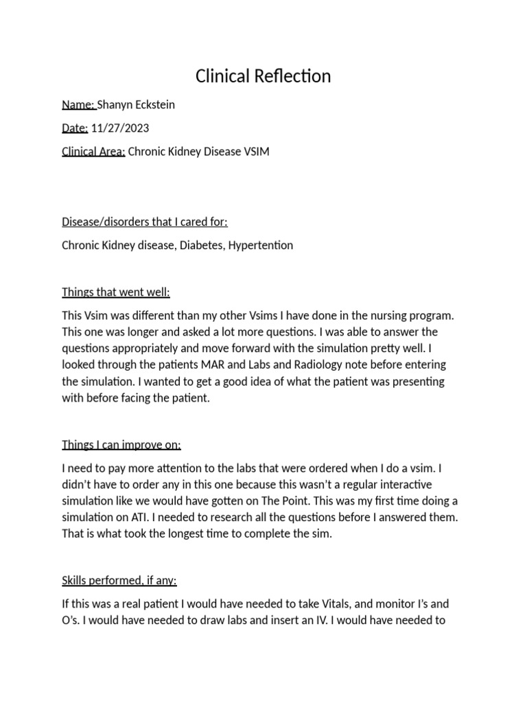 Chronic Kidney Disease Reflection | PDF | Hemodialysis | Chronic Condition