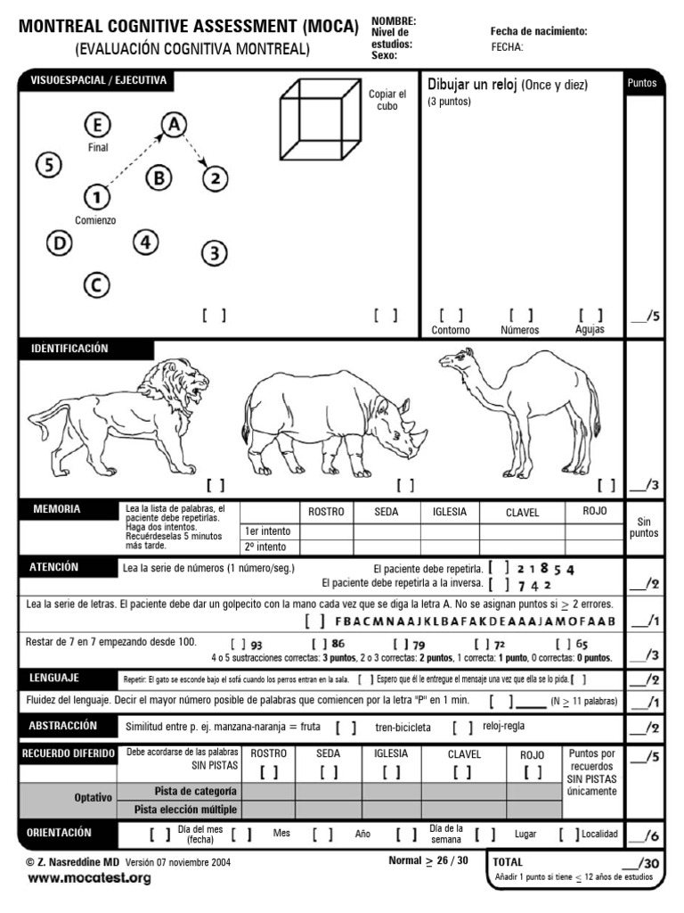Test MOCA en Español: Evaluación Cognitiva | PDF | Cognición | Ciencia ...