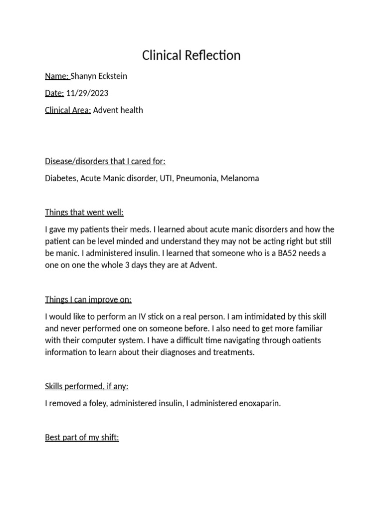 Clinical Reflection Word Week 14 | PDF