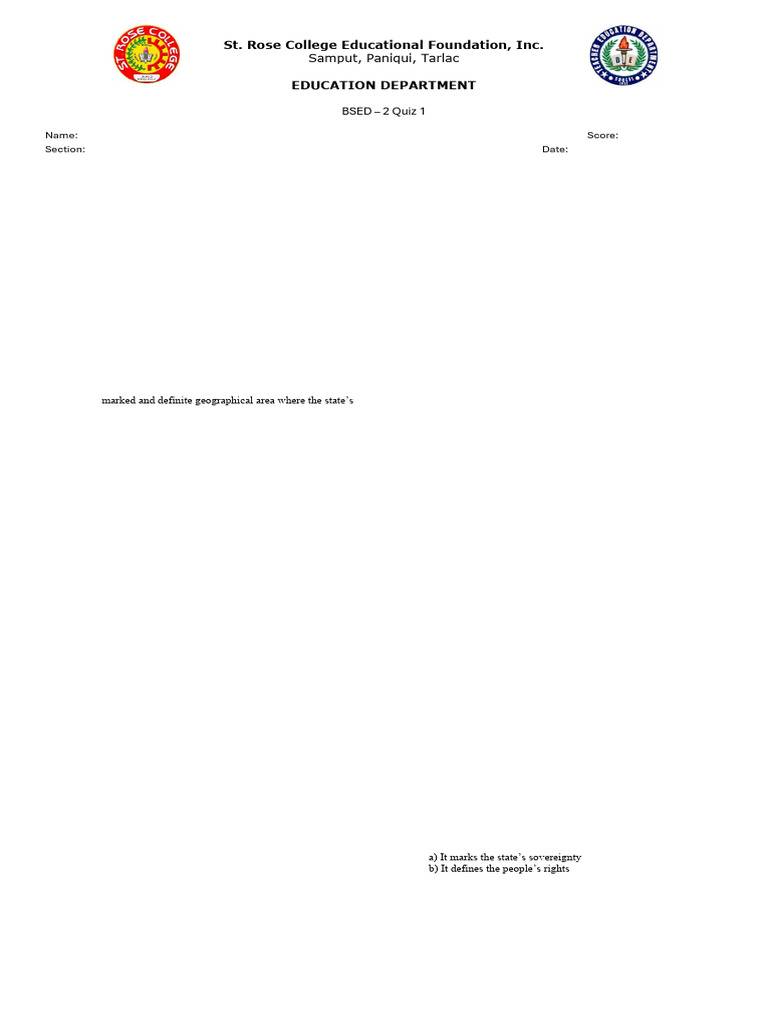 Bsed 2 CPG Quiz 1 | PDF | State (Polity) | Sovereignty