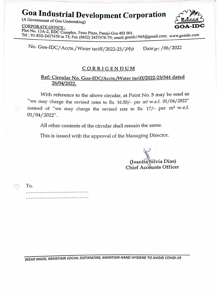 Water Tariff Corrigendum | PDF