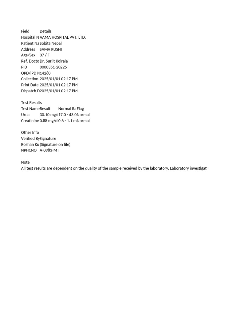 Lab Report AAMA Hospital | PDF