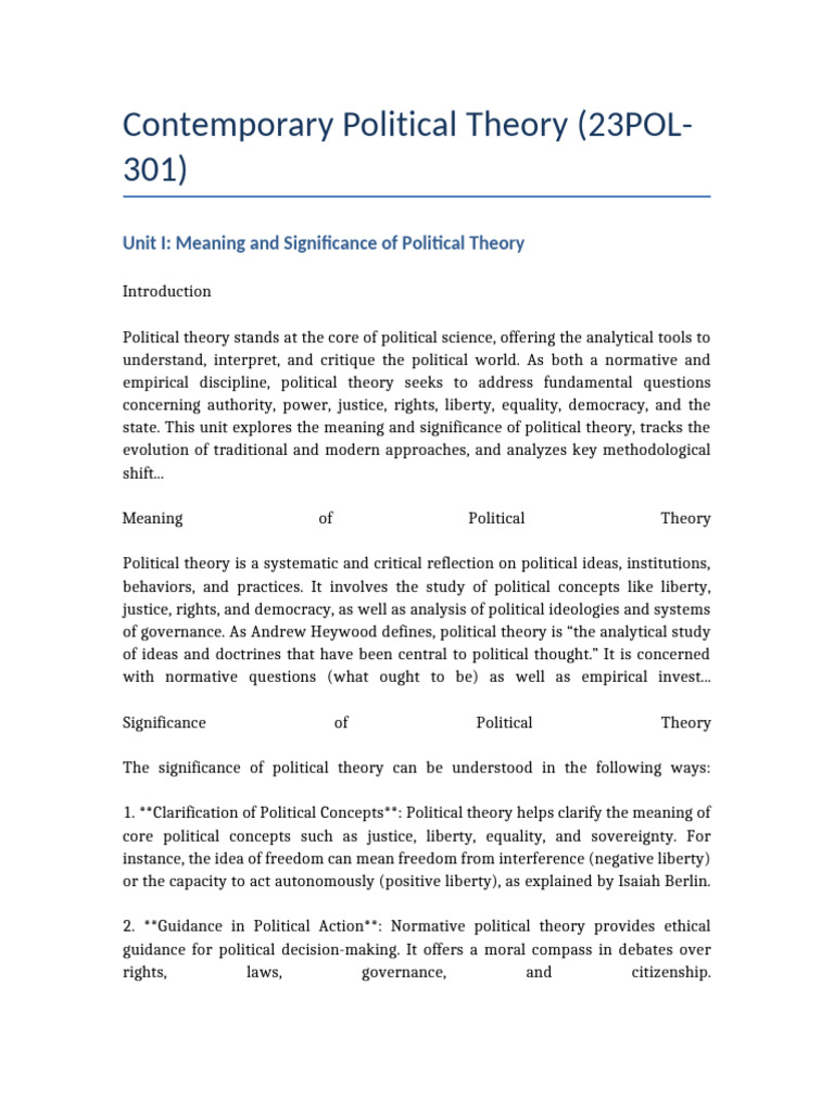 Unit I Meaning and Significance of Political Theory | PDF | Political ...