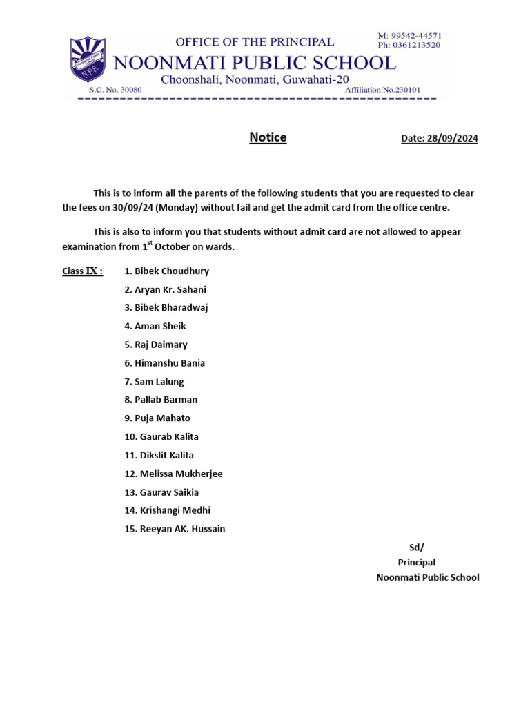 Pending Fees Notice For Class IX. | PDF