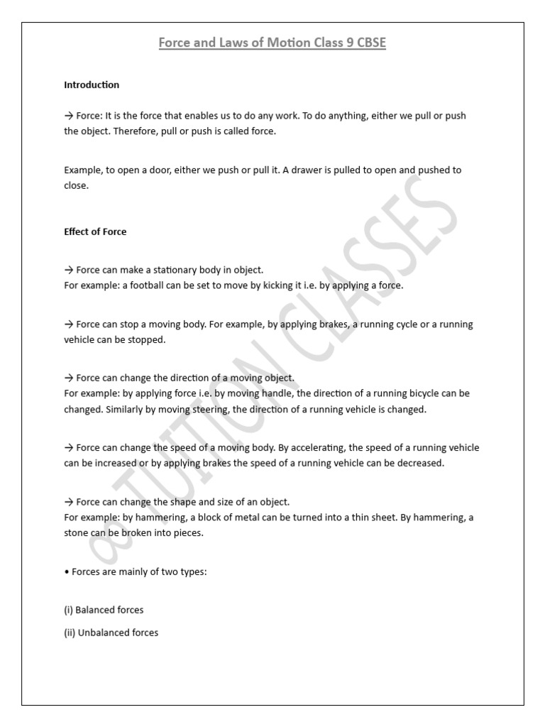 Notes Force and Laws of Motion Class 9 CBSE | PDF | Force | Momentum