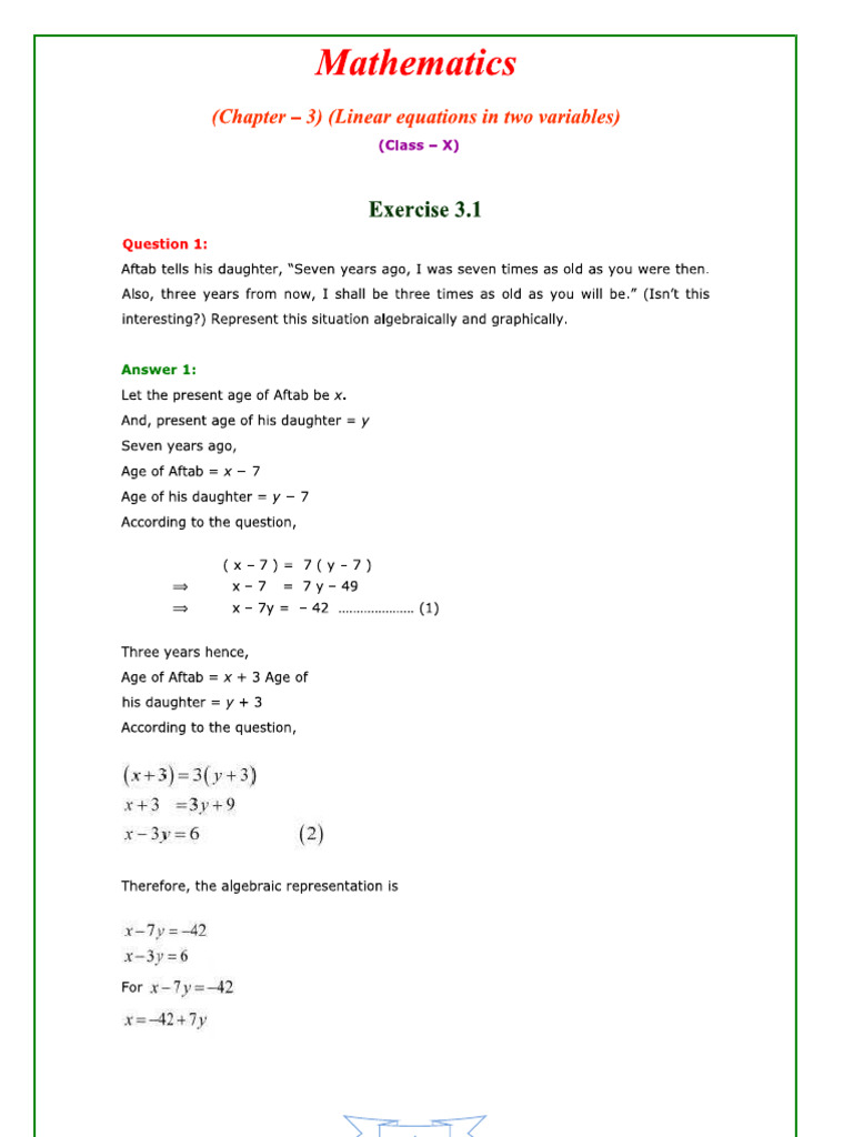 NCERT Linear Equations in Two Variables Class 10 CBSE | PDF