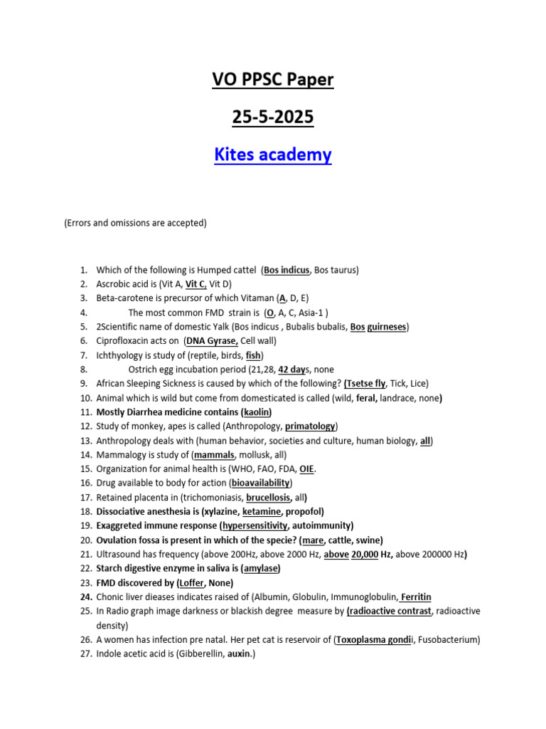 Updated VO PPSC Paper 2025 | PDF | Virus | Epithelium